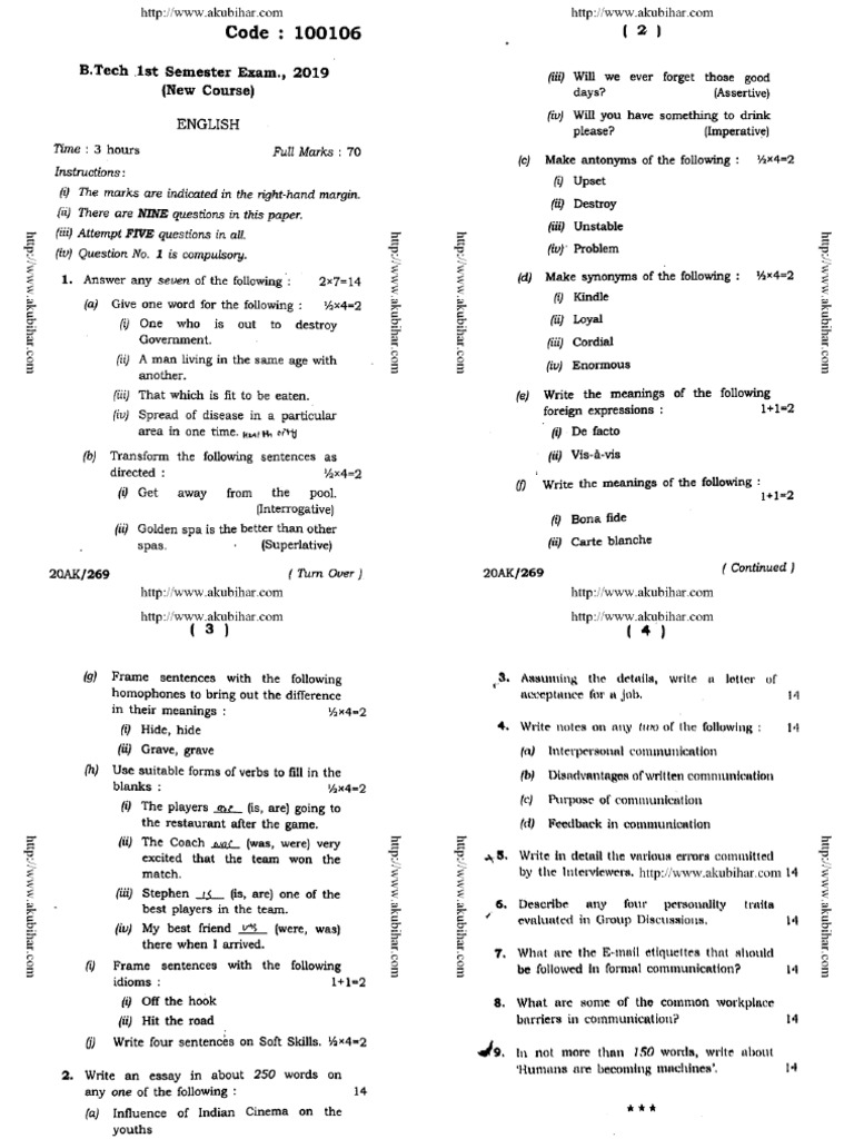 Btech 1 Sem English 100106 2019 | PDF
