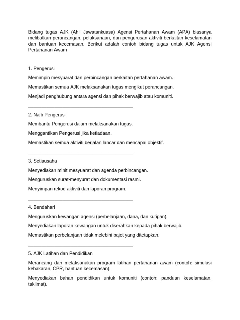 Bidang Tugas AJK Agensi Pertahanan Awam | PDF