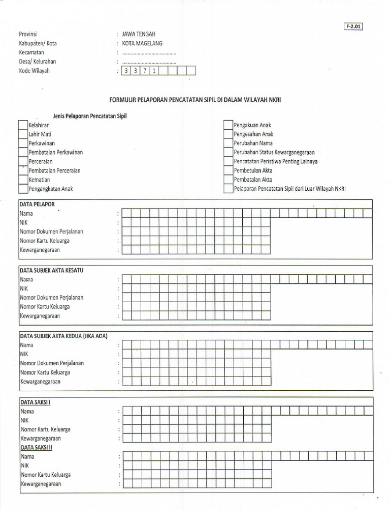 Formulir Pelaporan Pencatatan Sipil (F-2.01) | PDF