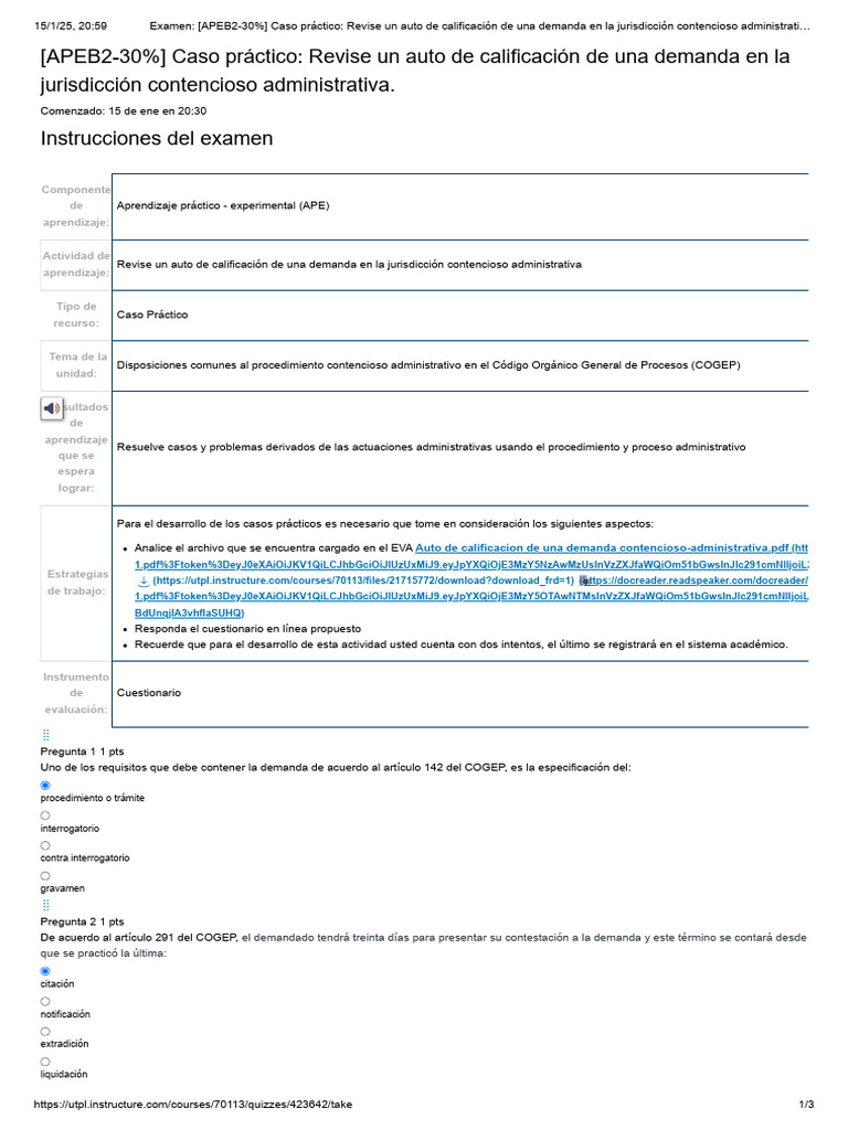 Examen - (APEB2-30%) Caso Práctico - Revise Un Auto de Calificación de Una Demanda en La ...