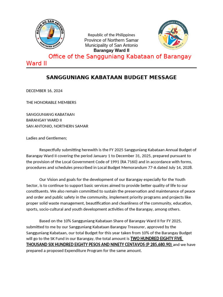 SK Annual Budget Message FY 2025 | PDF | Government