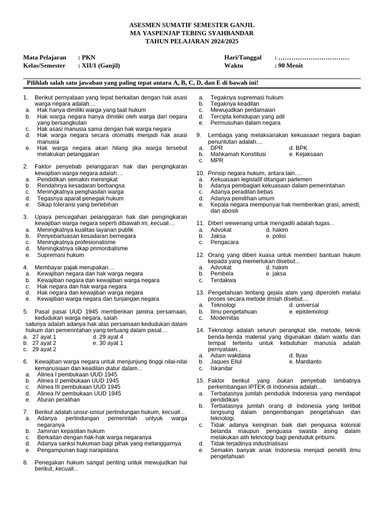 Soal Asesmen Sumatif 1 PKN XII | PDF