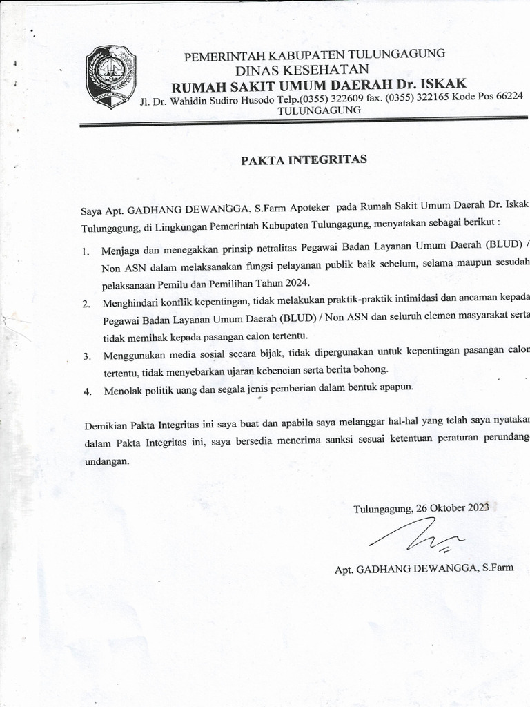 Pakta Integritas CSSD Laundry-1 | PDF