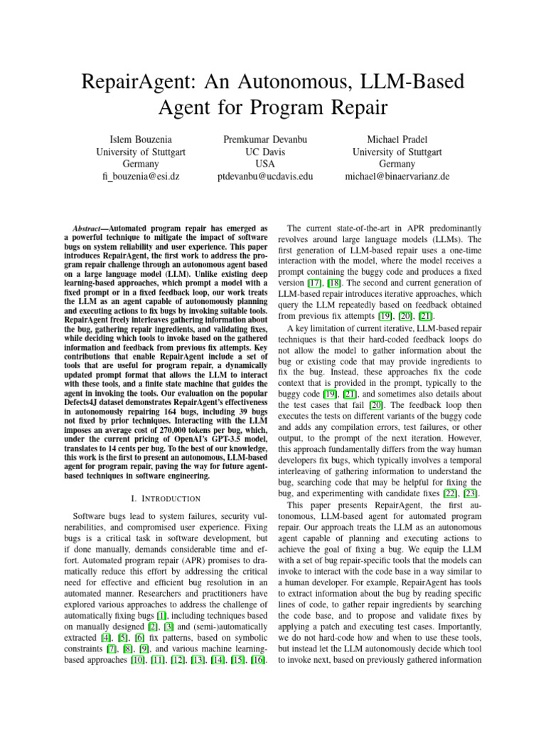 Repairagent: An Autonomous, Llm-Based Agent For Program Repair | PDF | Software Bug | Computer ...