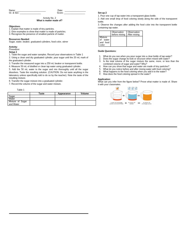 Understanding Matter: Particle Experiments | PDF | Mixture | Water