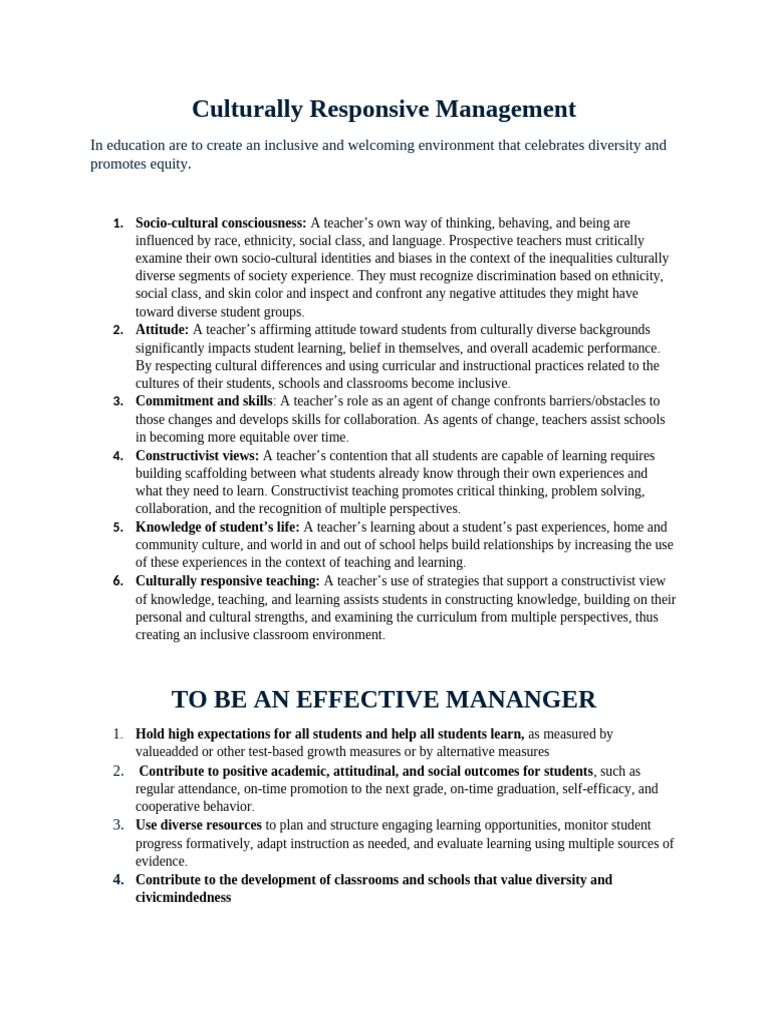 Culturally Responsive Management in Education | PDF | Teachers ...