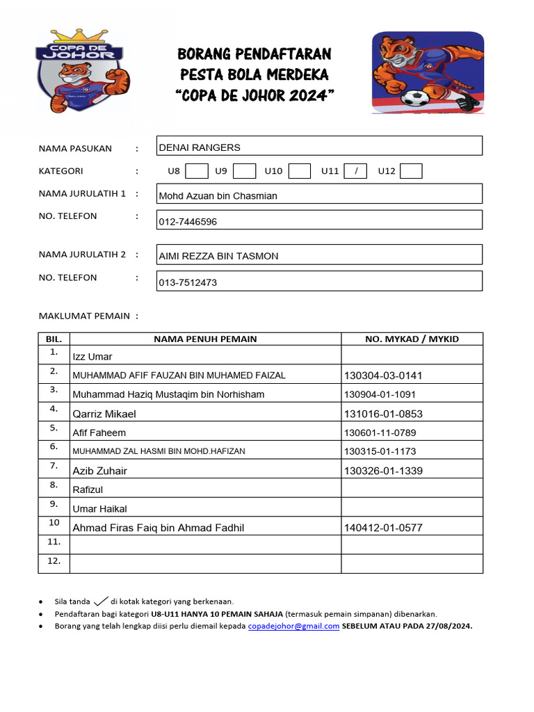 BORANG COPA DE JOHOR 2024 - u11 denai rangers | PDF