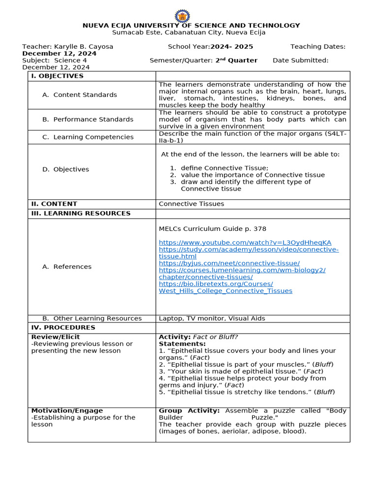 7es Lesson Plan Connective Tissues | PDF | Connective Tissue | Anatomy