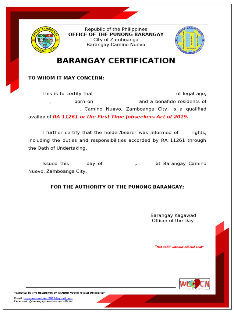 Barangay Certification for Jobseekers | PDF