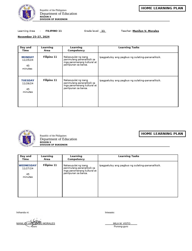 Home-Learning-Plan Filipino 11 | PDF