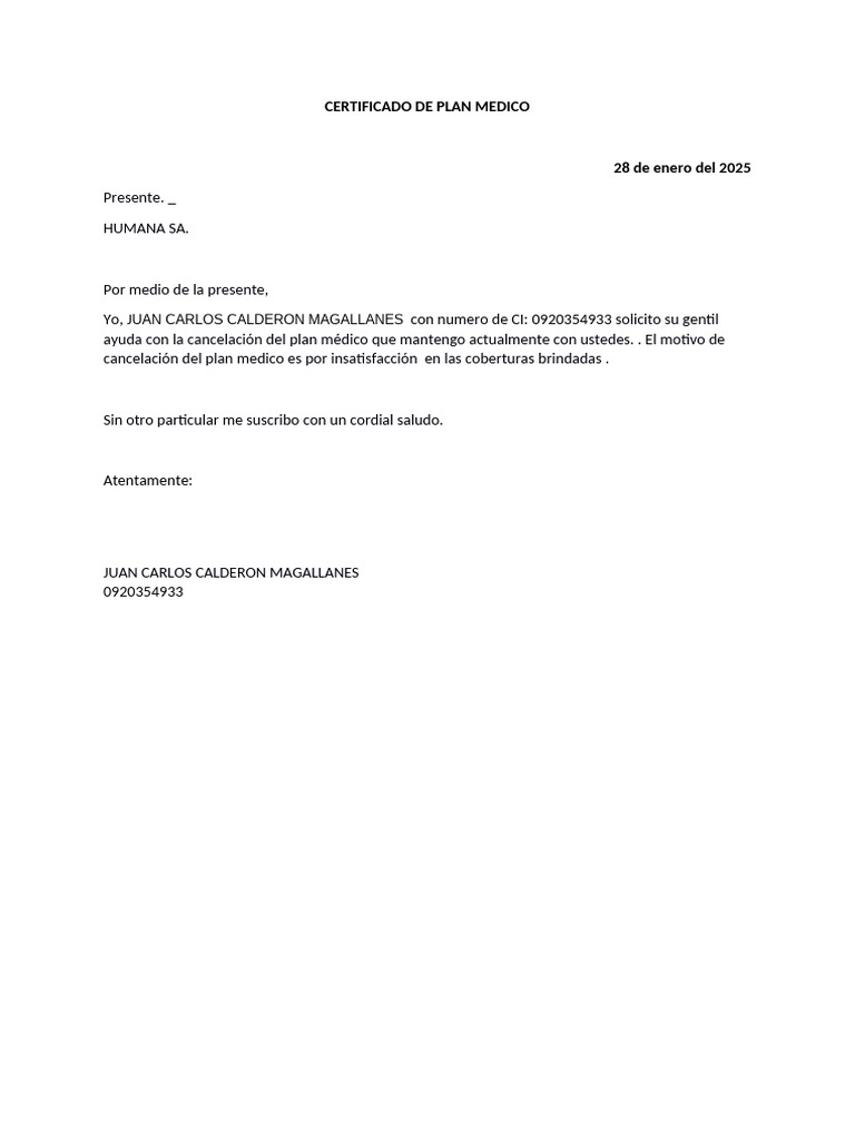 Solicitud de Cancelación de Plan Médico | PDF