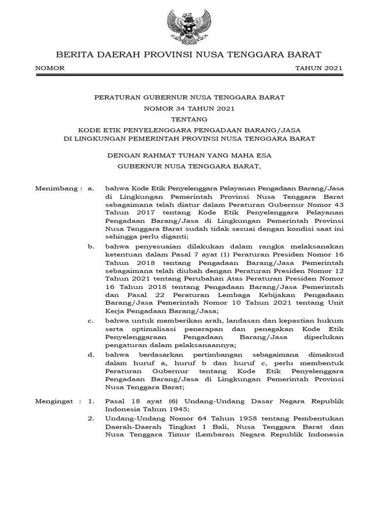 Pergub NTB No. 34 Tahun 2021 TTG Kode Etik Penyelenggara PBJ | PDF