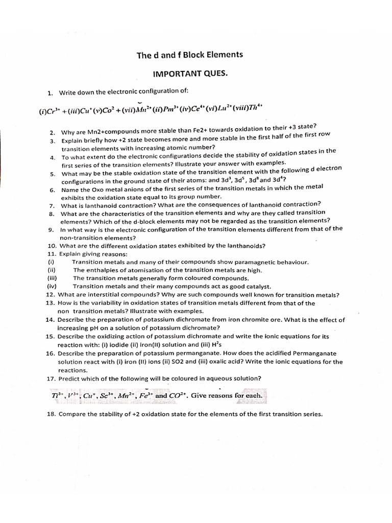 The D and F Block Element Imp Ques | PDF