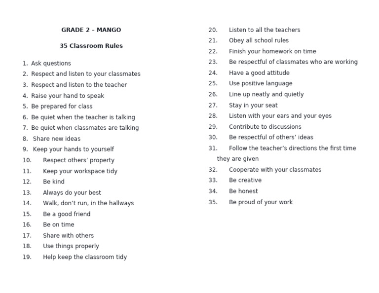 Grade 2 Classroom Rules Guide | PDF