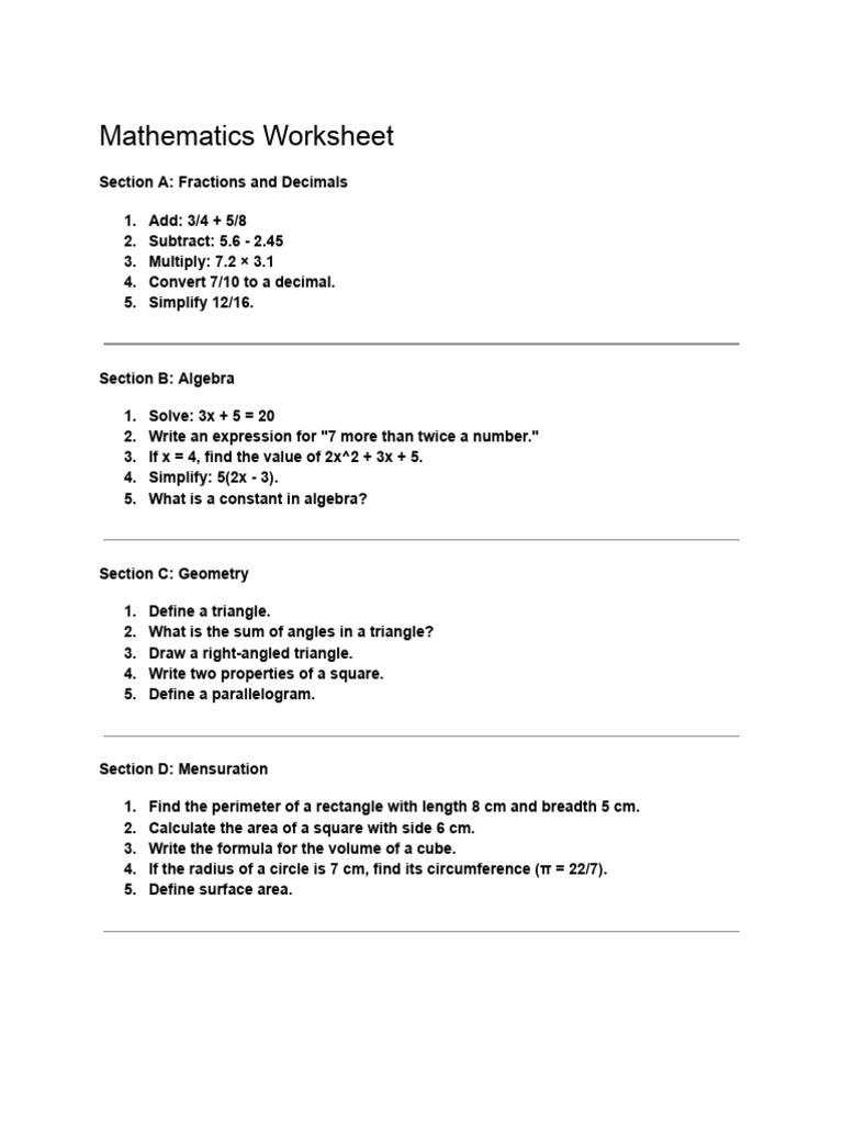 Maths Worksheet | PDF