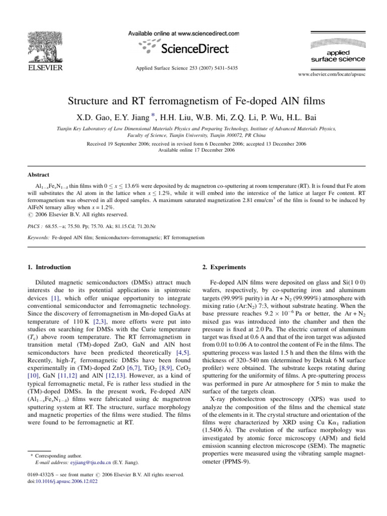 2007 - ApplSurfSci - Structure and RT Ferromagnetism of Fe-Doped AlN Films | PDF ...