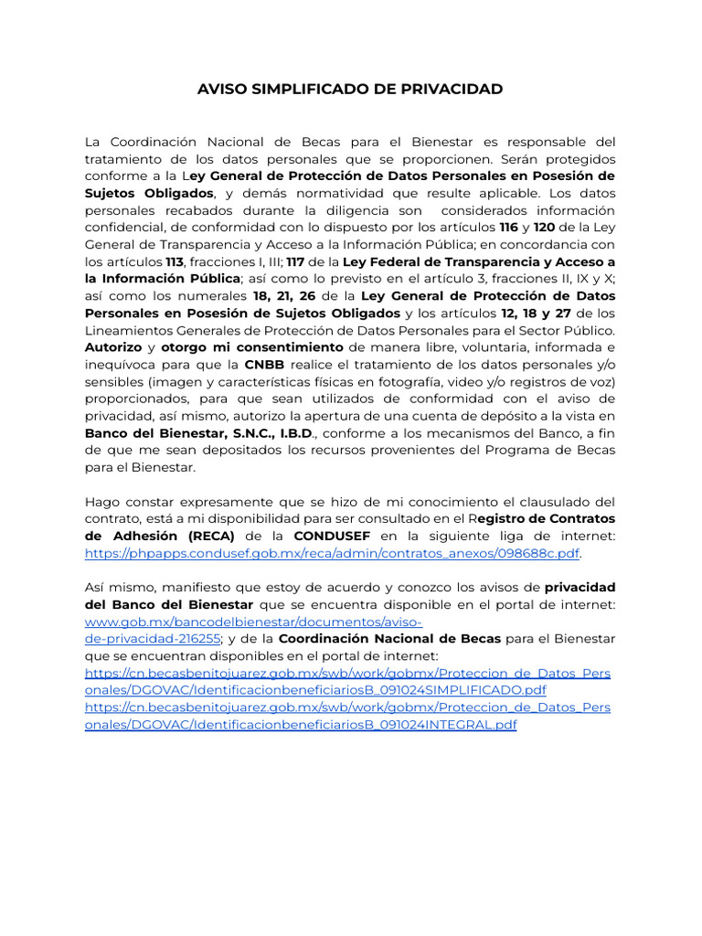 Aviso de Privacidad para Becarios | PDF