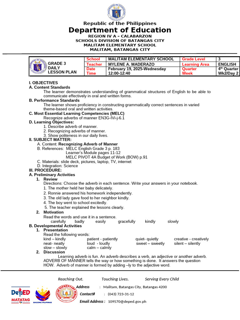 DLP English 3 Q4 WK2 DAY 2 | PDF | Adverb | Learning