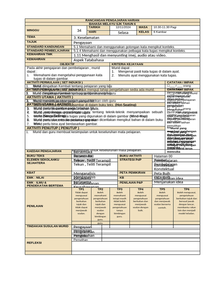 RPH Minggu 15 BM SJK THN 6 2024 by Cikgu Gorgeous m35 | PDF