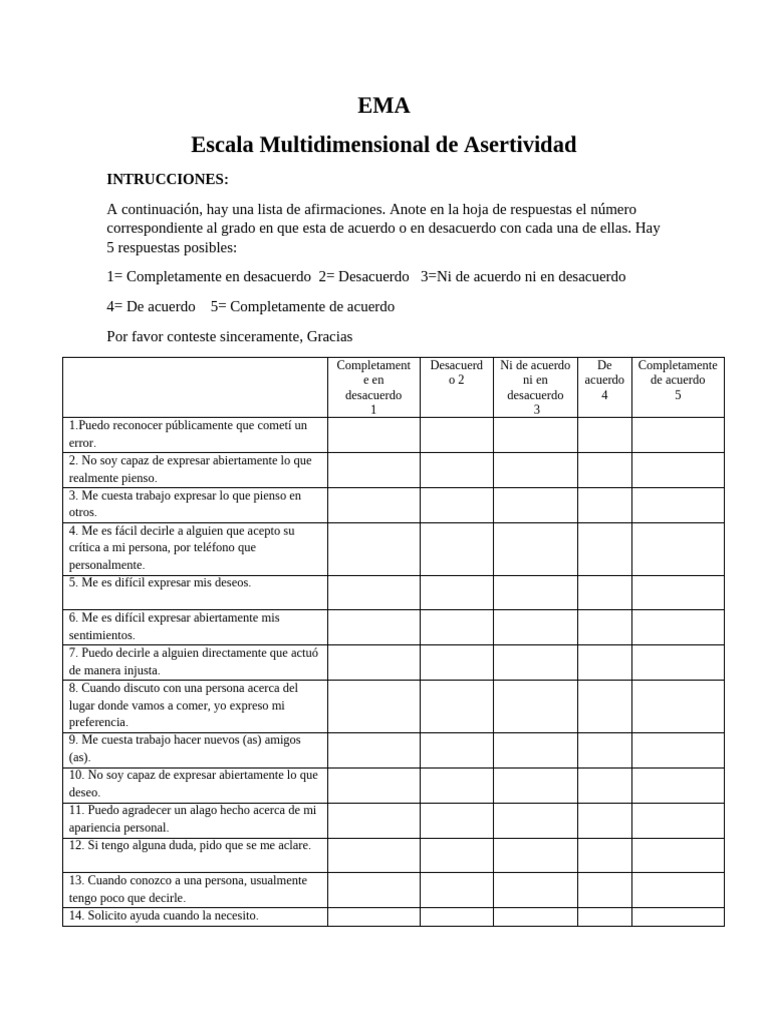 Escala de Asertividad EMA: Instrucciones y Calificación | PDF