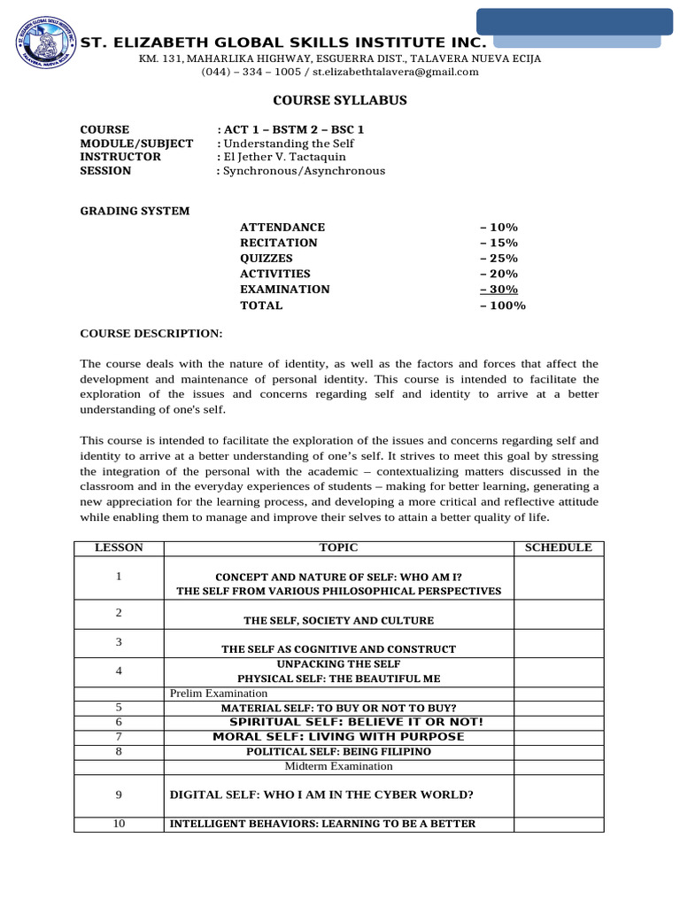 Understanding The Self SYLLABUS FINAL | PDF | Self | Identity (Social Science)
