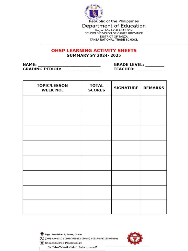 OHSP Learning Activity Summary | PDF