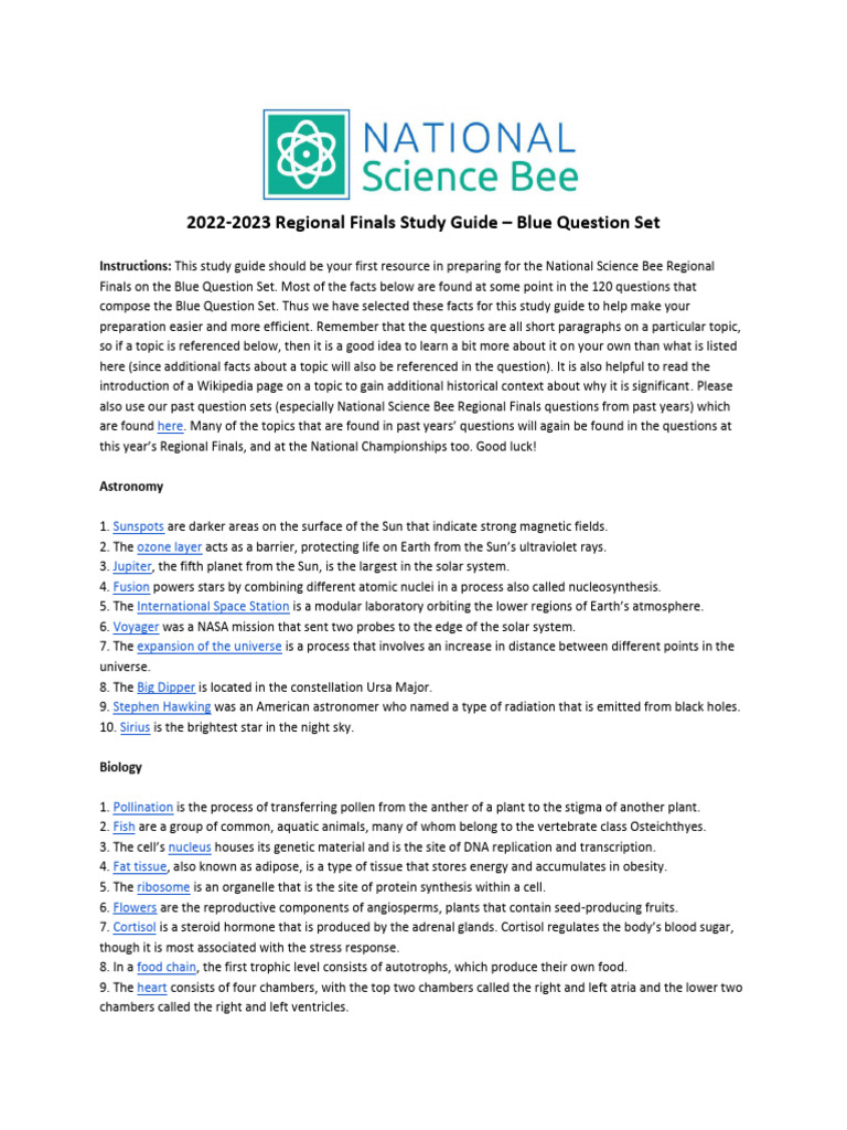 2022 2023 EMS Science Bee Regional Finals Study Guide Blue Set | PDF ...