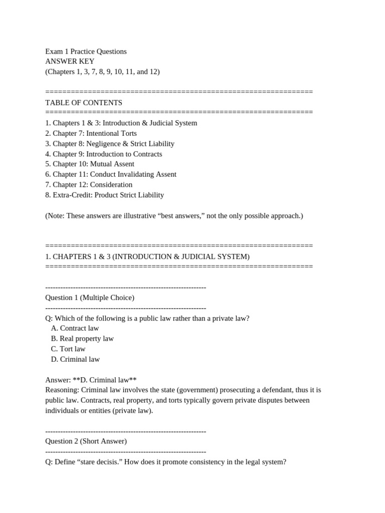 Exam 1 Practice Questions (KEY) | PDF | Negligence | Causation (Law)