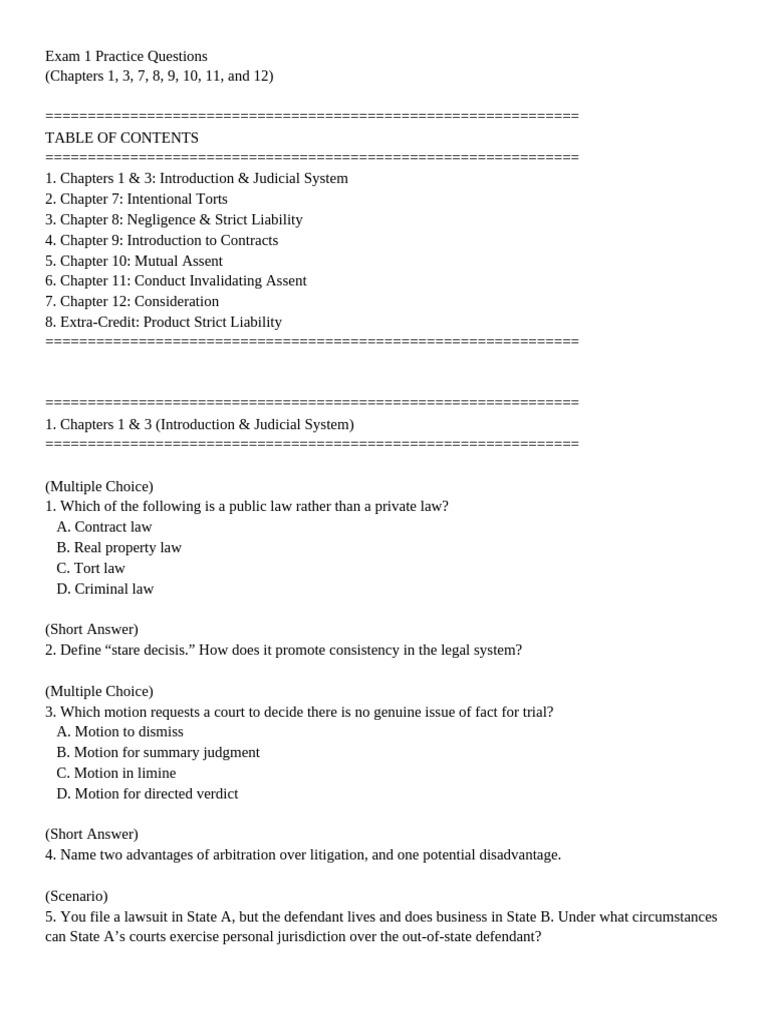 Exam 1 Practice Questions | PDF | Negligence | Tort