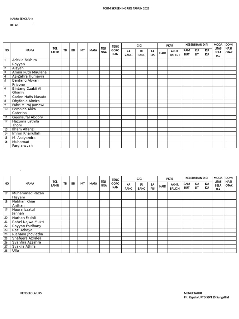 FORMAT SKREENING UKS 2025 | PDF