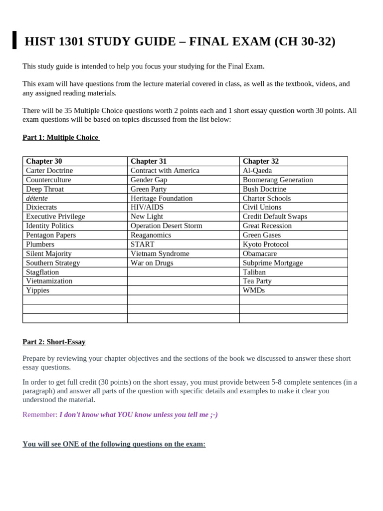 HIST 1302 STUDY GUIDE - FINAL EXAM CH 30-32 | PDF