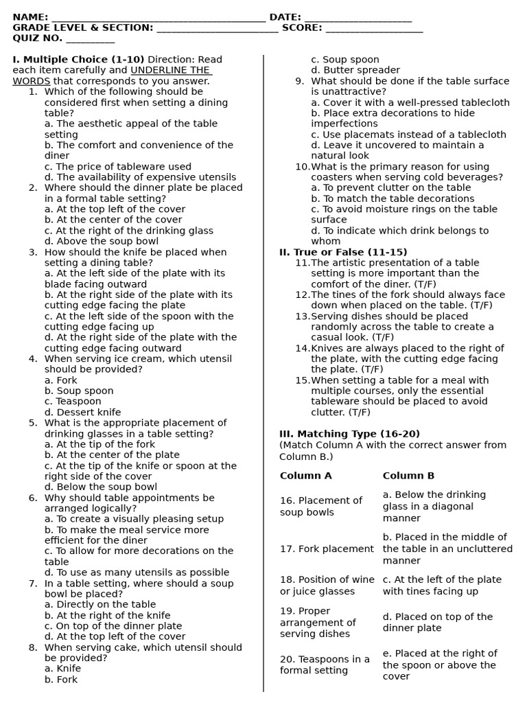 Dining Table Setting Quiz | PDF | Tableware | Spoon