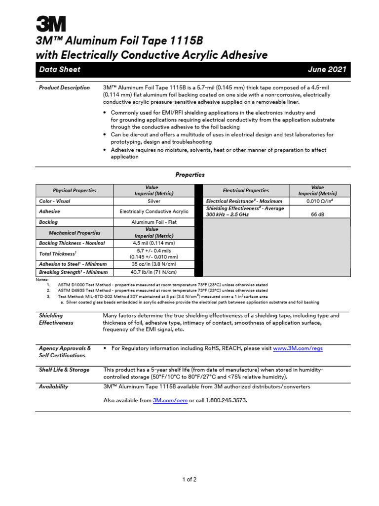 3M-Aluminum-Foil-Tape-1115B_TDS | PDF | Adhesive | Electromagnetic Interference
