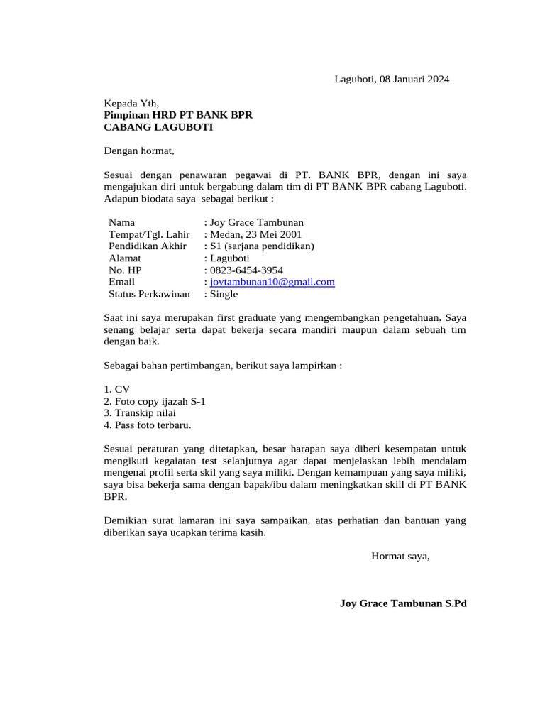 surat lamaran Joy Tambunan | PDF