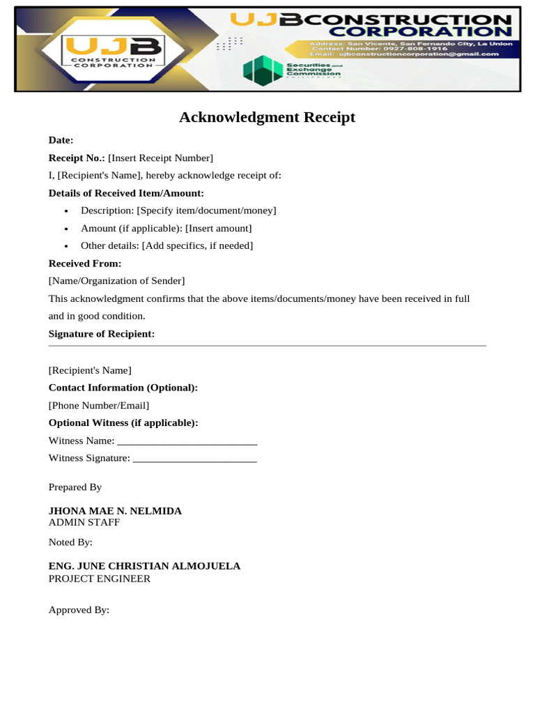 Acknowledgment Receipt Template | PDF