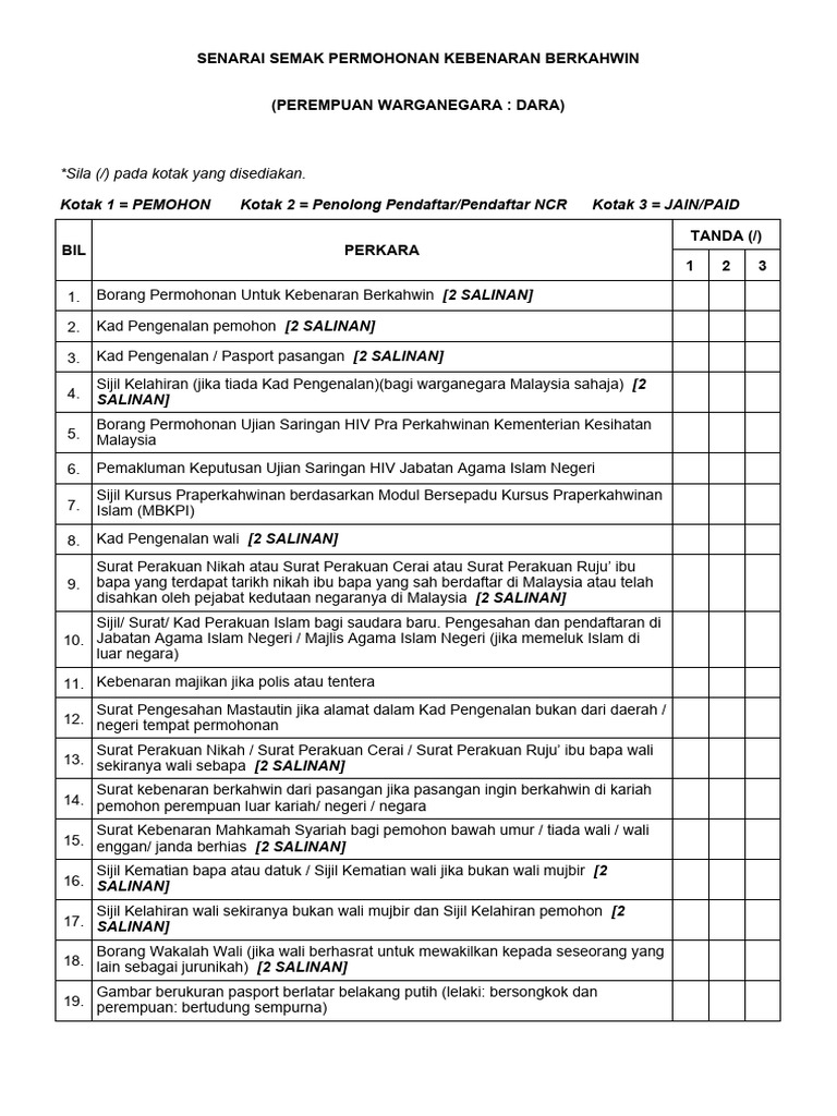 Senarai Semak Permohonan Kebenaran Kahwin Perempuan | PDF