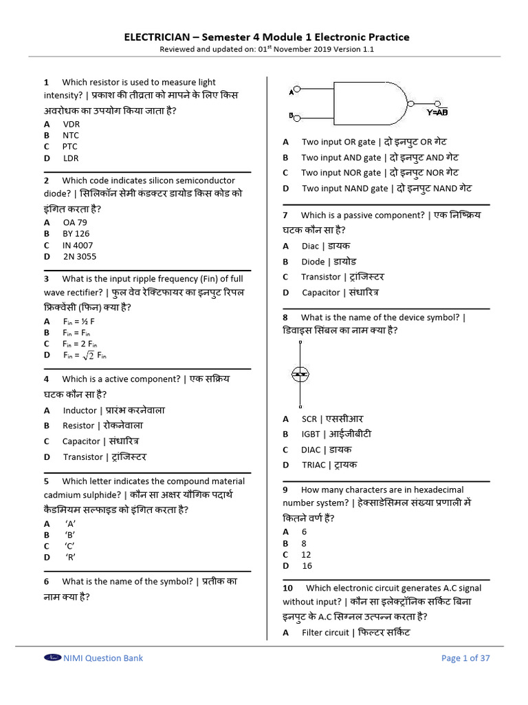 Electrician 2nd Year MCQ 7 Electronic Practice | PDF