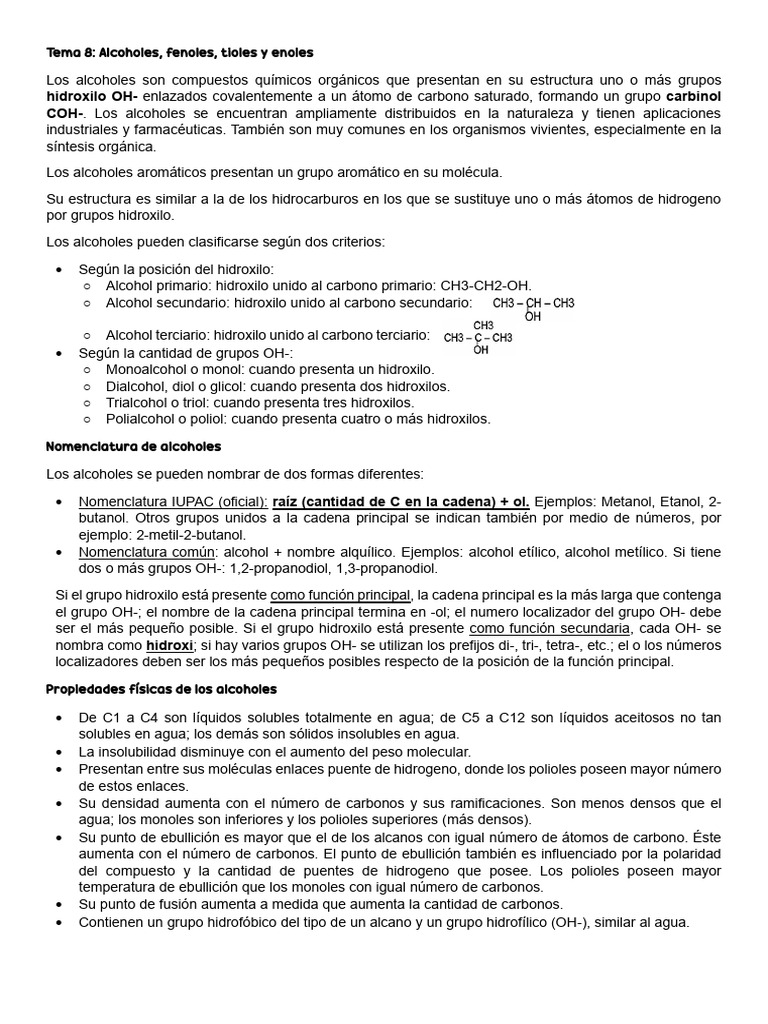 Alcoholes, Fenoles y Tioles | PDF | Ácido | Tiol