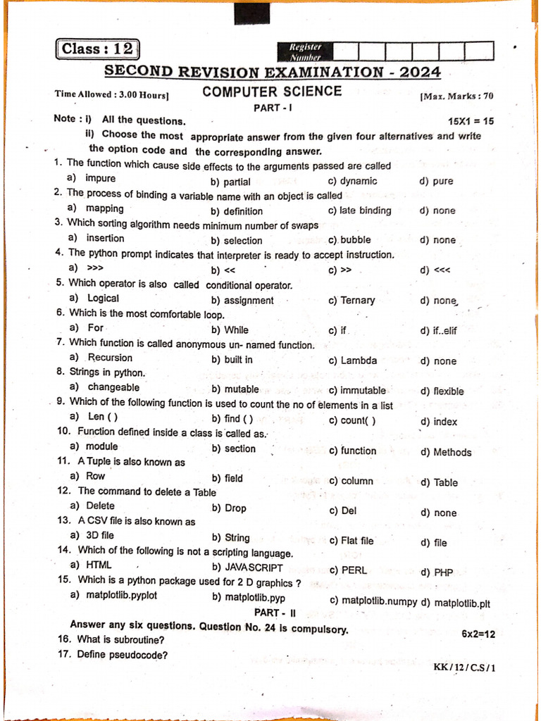 12th Computer Science EM 2nd Revision Exam 2024 Question Paper With ...