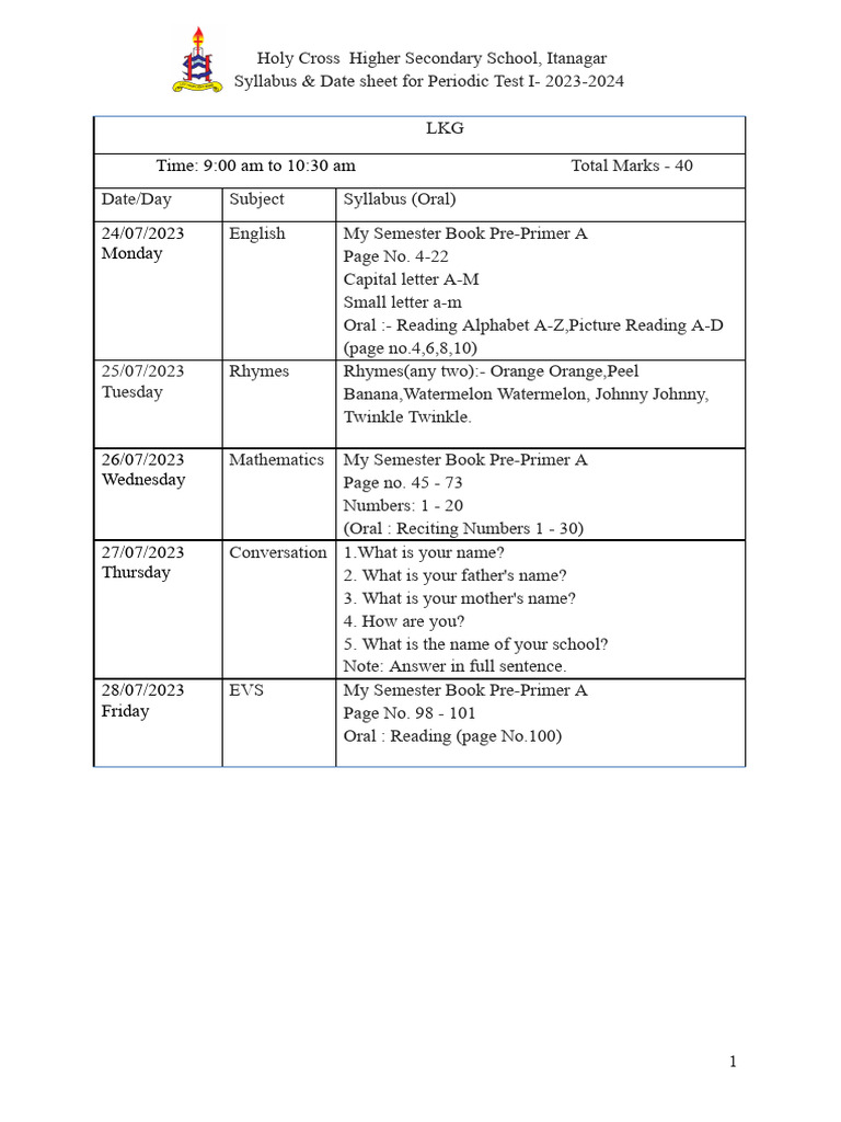 Holy Cross School Periodic Test I Syllabus | PDF | Languages | Foreign ...