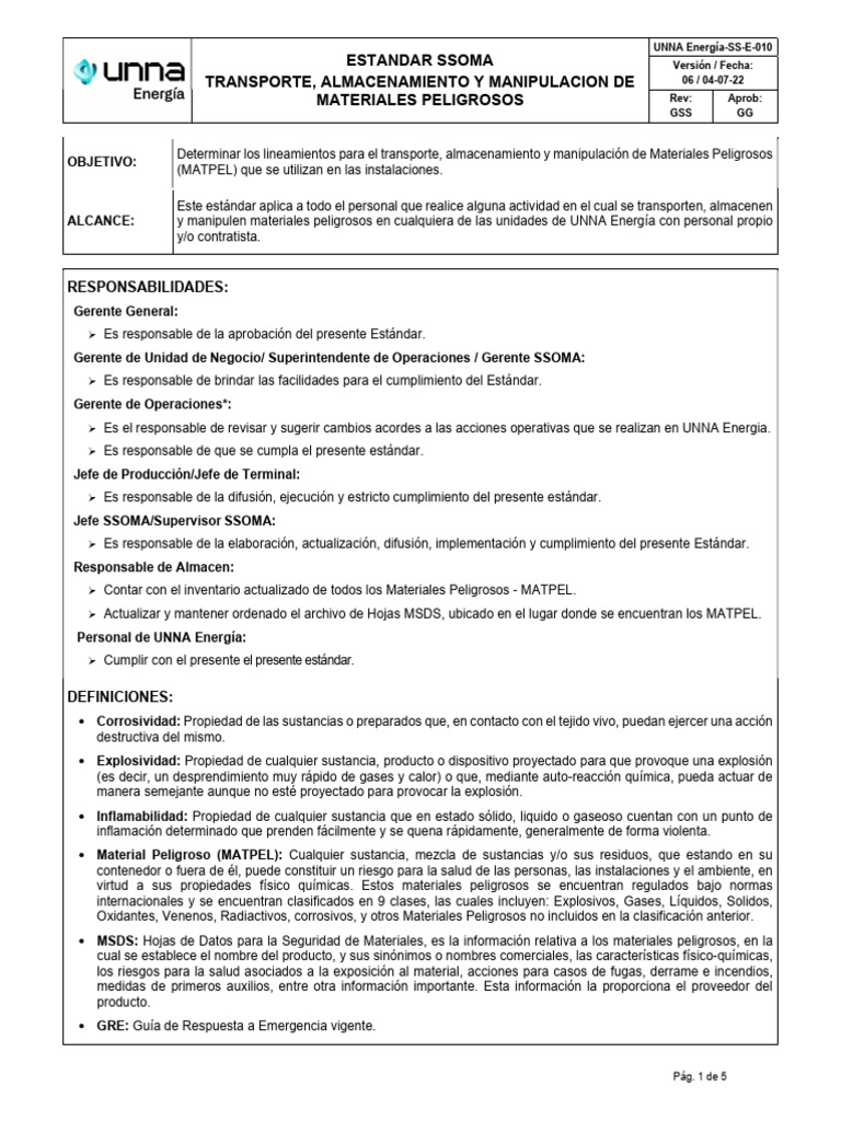 UNNA Energía-SS-E-010 Almacenamiento Transporte y Manipulacion de MATPEL v6 040722 | PDF ...