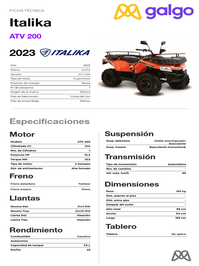 Ficha Técnica Italika ATV 200 2023 | PDF