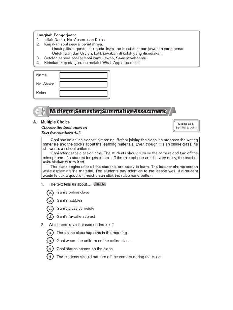 SMP Bahasa Inggris 7 Midterm Semester Summative Assessment | PDF