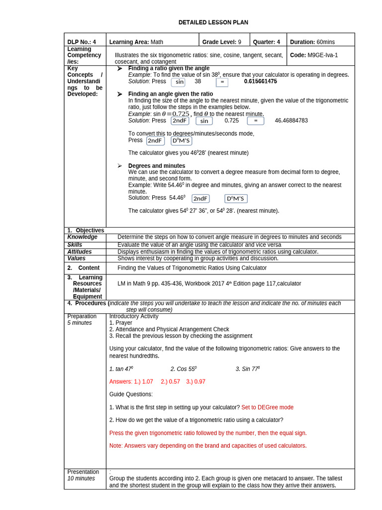 Trigonometric Ratios Lesson Plan | PDF | Trigonometric Functions | Geometry
