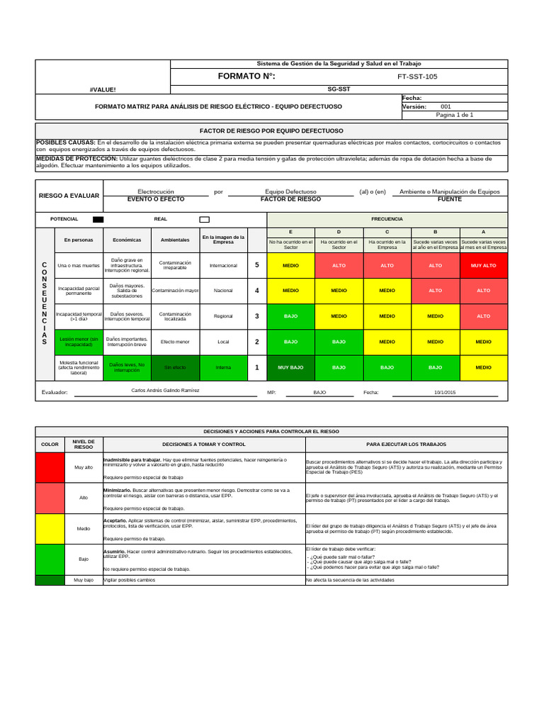 FT-SST-105 Formato Matriz para Análisis de Riesgo Eléctrico (Equipo ...