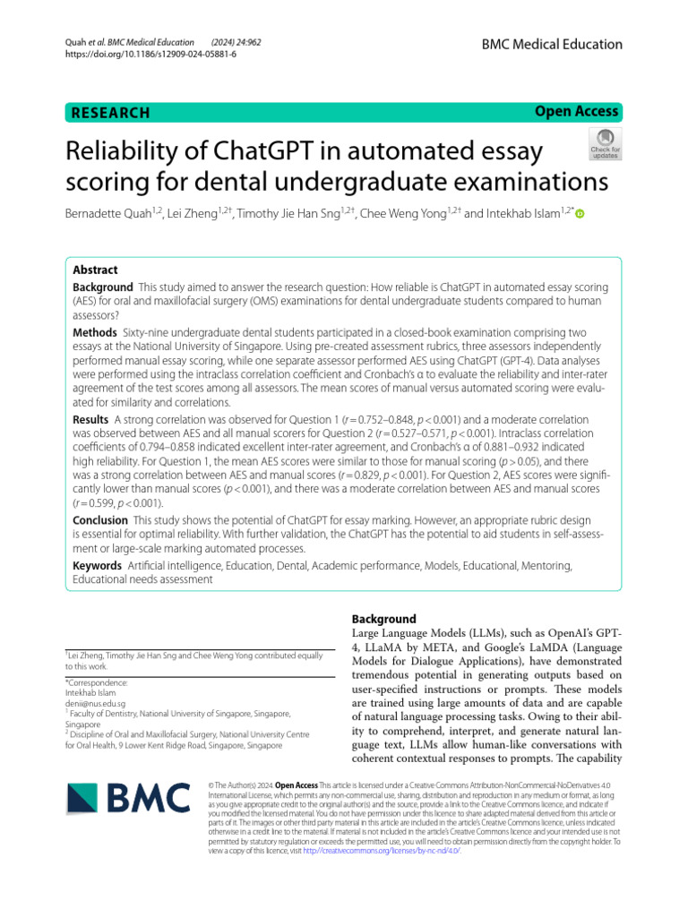Reliability of ChatGPT in Automated Essay Scoring For Dental ...