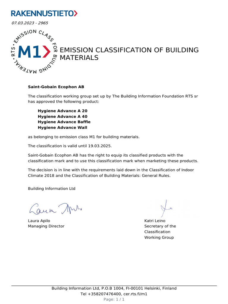 Emission Classification of Building Materials: Saint-Gobain Ecophon AB ...