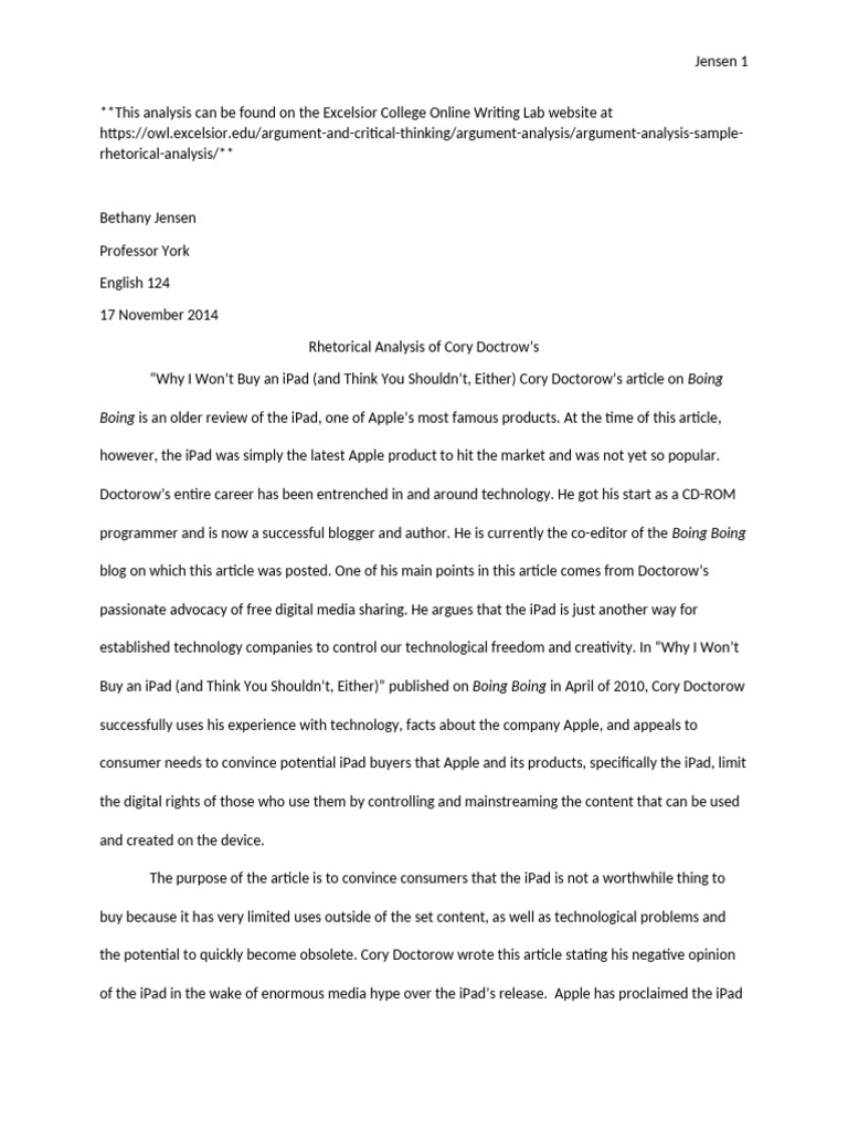 Reading - Rhetorical Analysis Example | PDF | I Pad