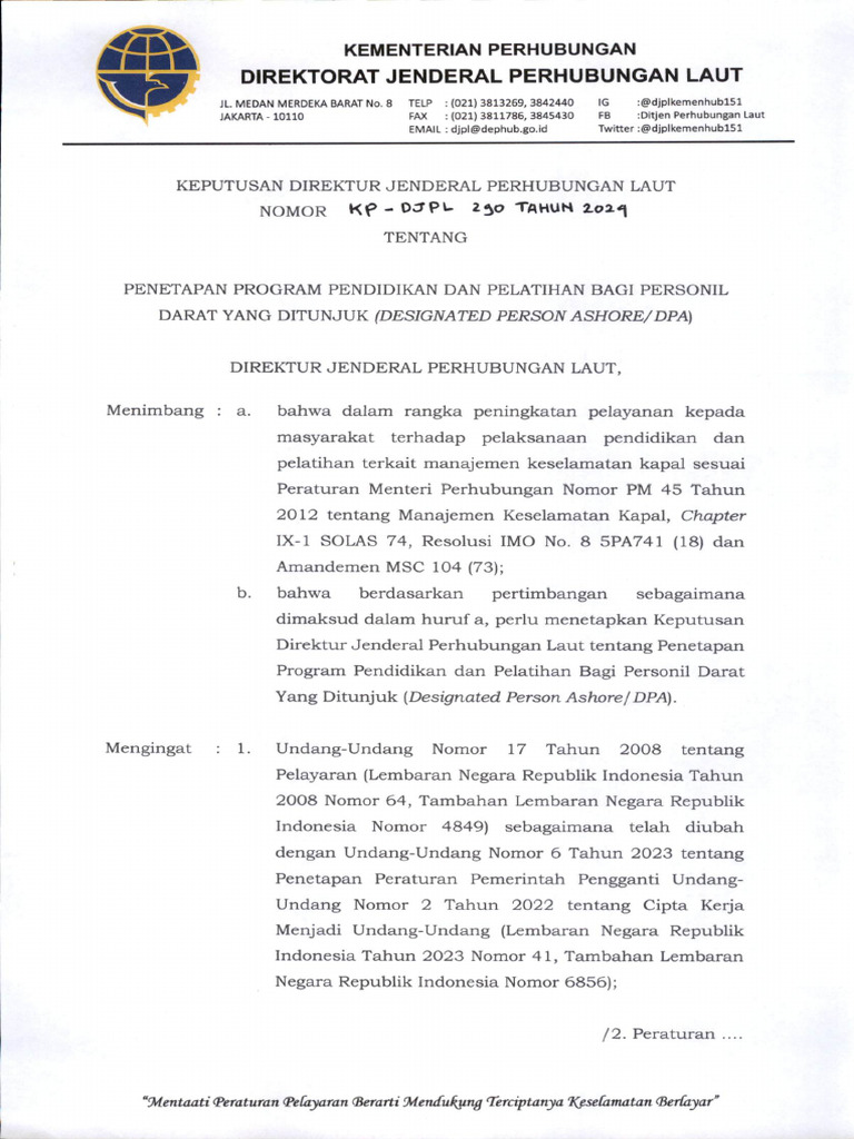 KP DJPL 290 Tahun 2024 TTG Penetapan Program DPA | PDF
