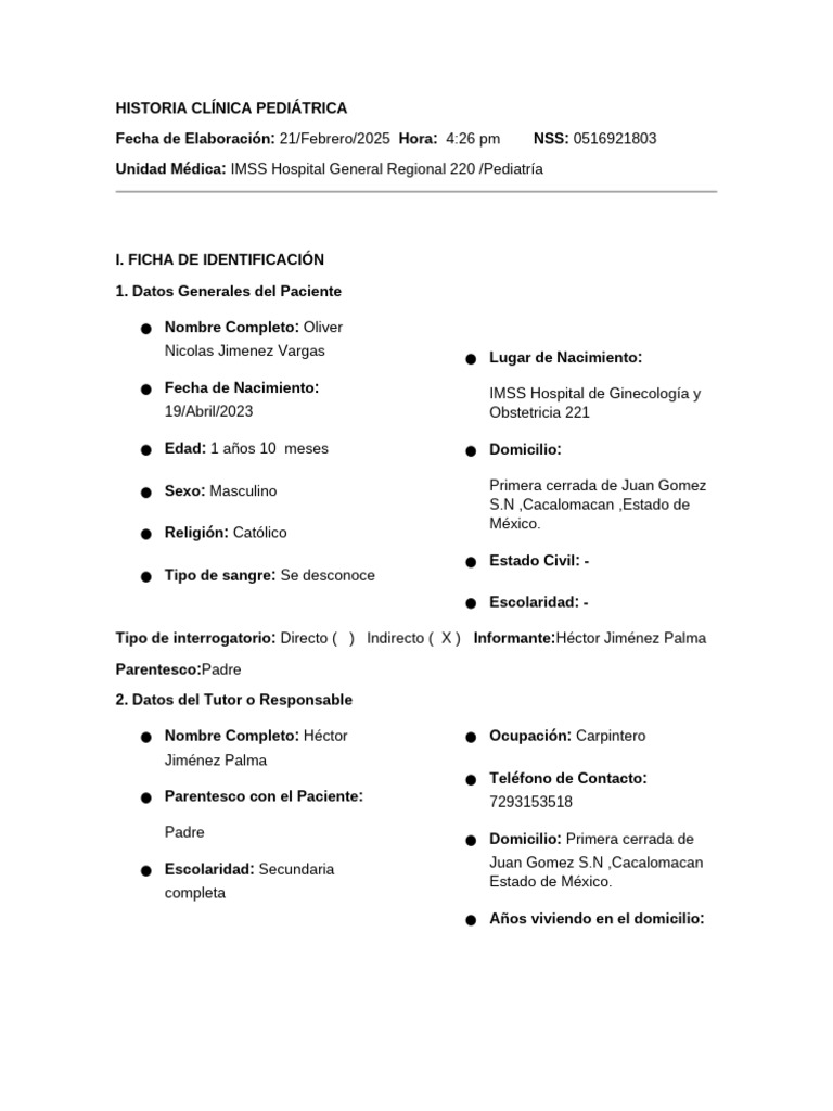 Historia Clínica Pediátrica de Oliver Jiménez | PDF | El embarazo | Alergia